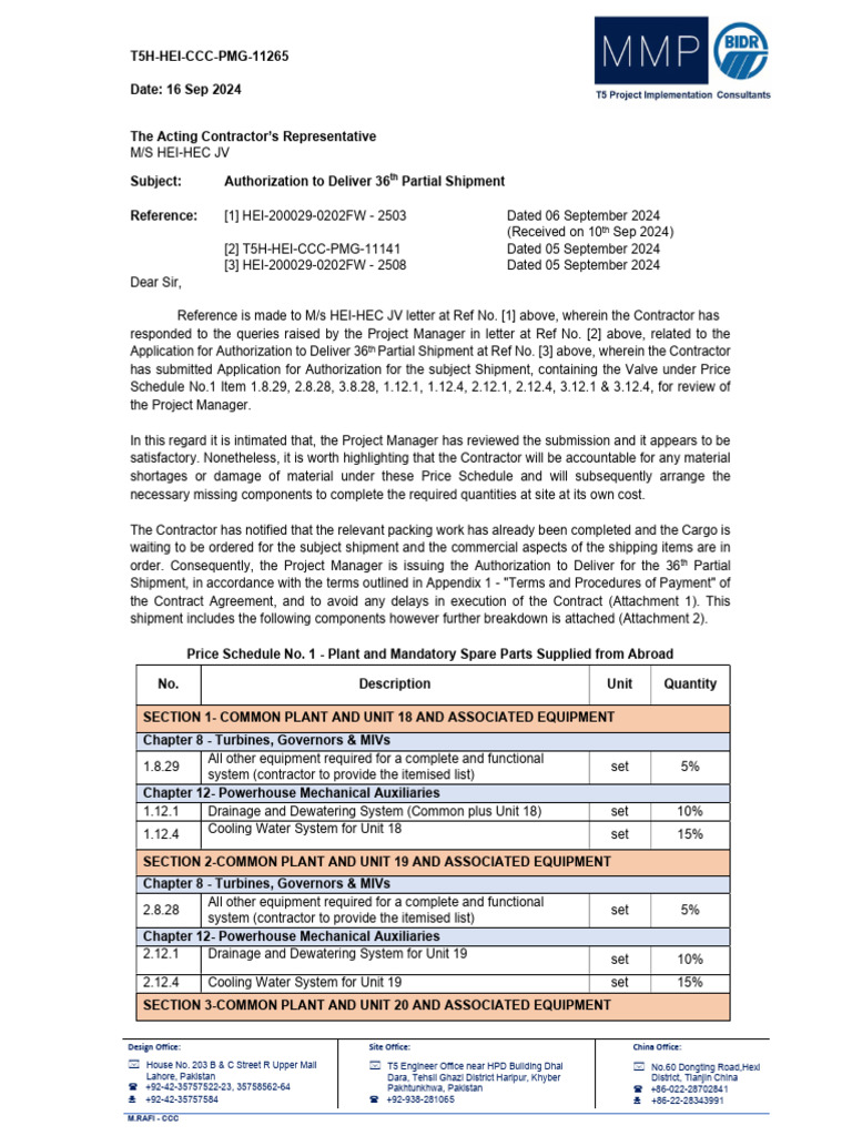CCC (16!9!24) HEI - 2503 Authorization To Deliver 36th Partial Shipment | PDF
