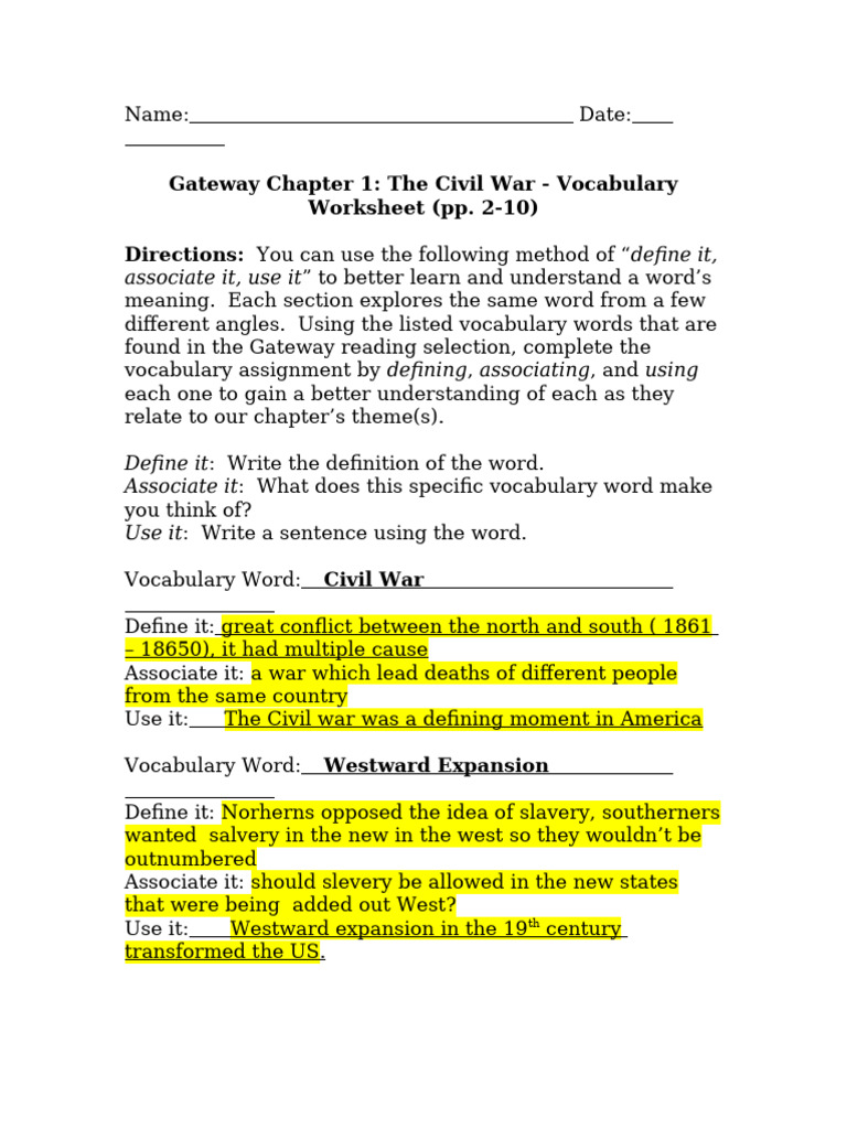 Honors U.S. History - Gateway Chapter 1 Vocabulary Worksheet Assignment ...
