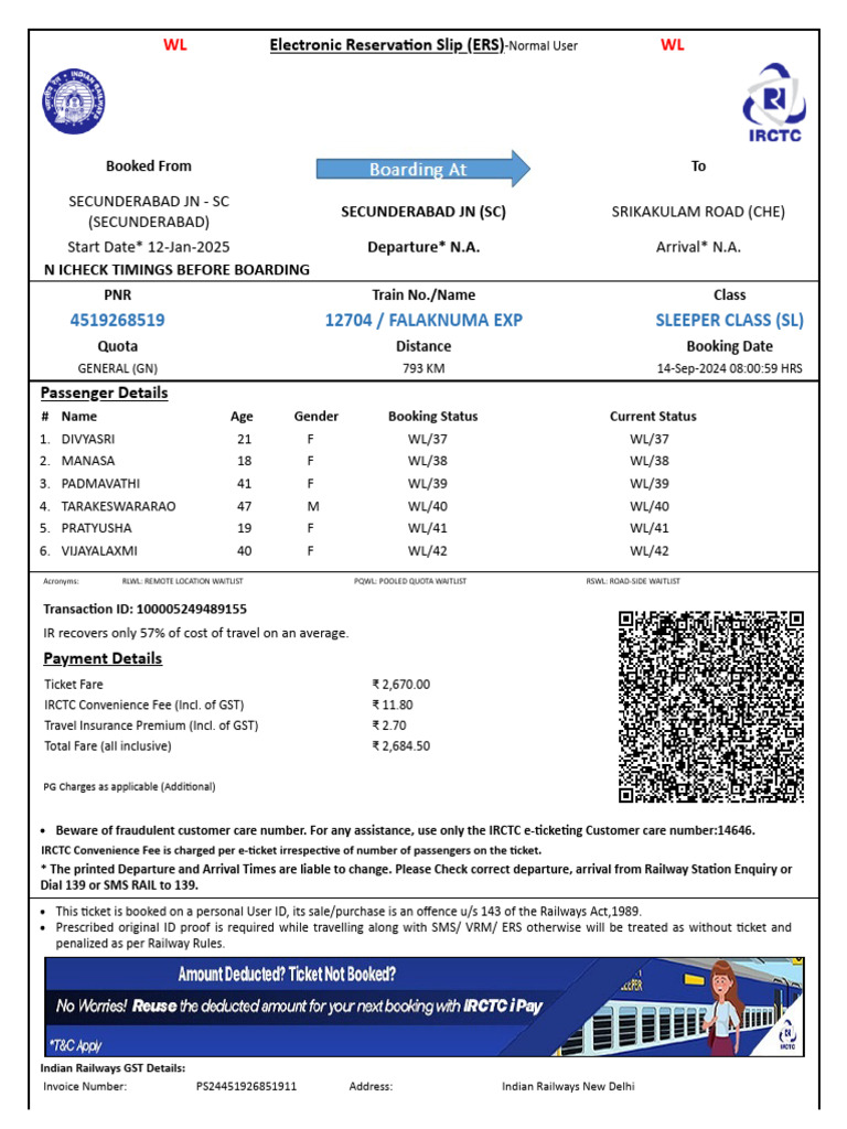Falaknuma Exp Sleeper Class (SL) : WL WL | PDF