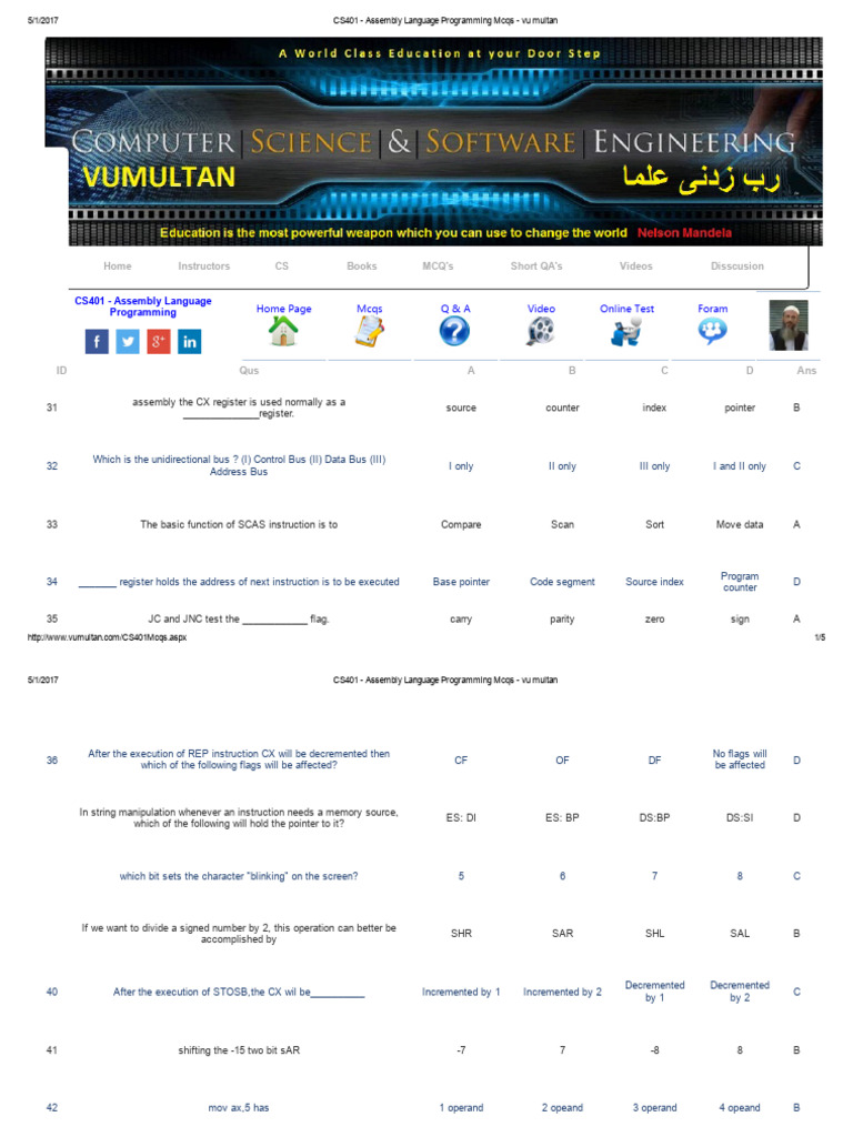 Cs401 Assembly Language Programming Mcqs 2 Vu Multan Pdf 3149