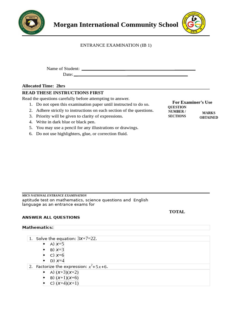 Entrance Exam | PDF