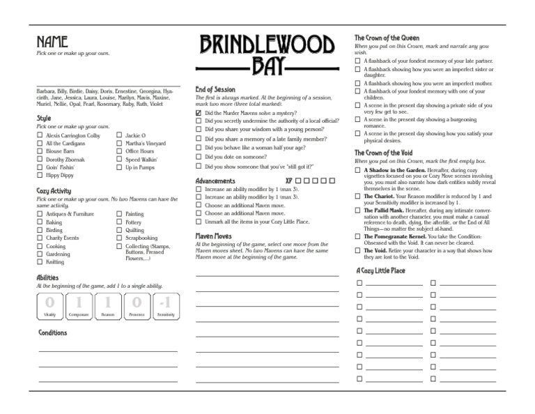 Brindlewood Bay - Character Sheet - BW (OEF) (2022!09!15) | PDF