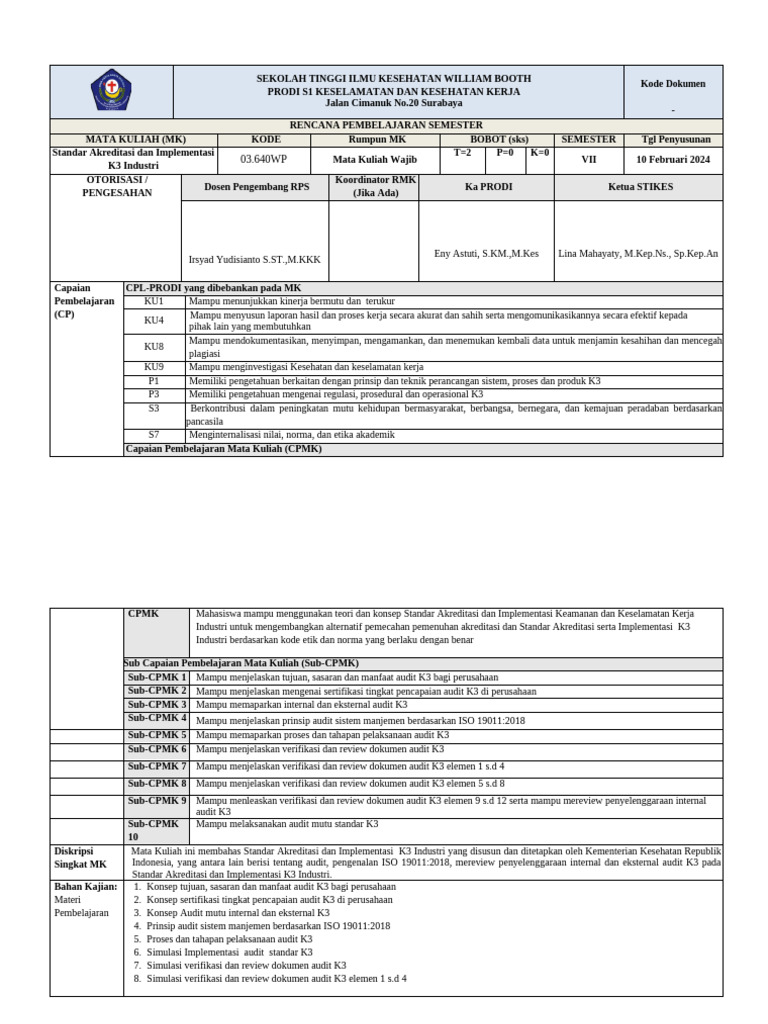 RPS Standar Akreditasi Dan Implementasi K3 Industri Garap 23 Maret Draft - Putu | PDF
