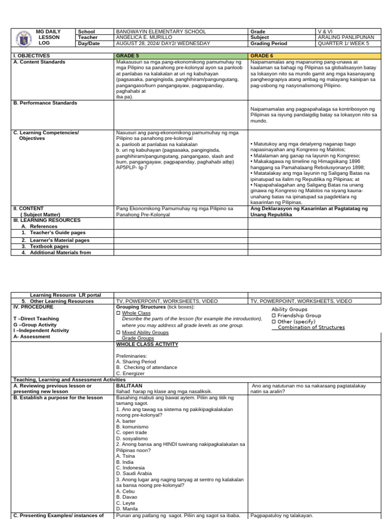 DLL Q1 W5 Day2 Ap | PDF | Philippines