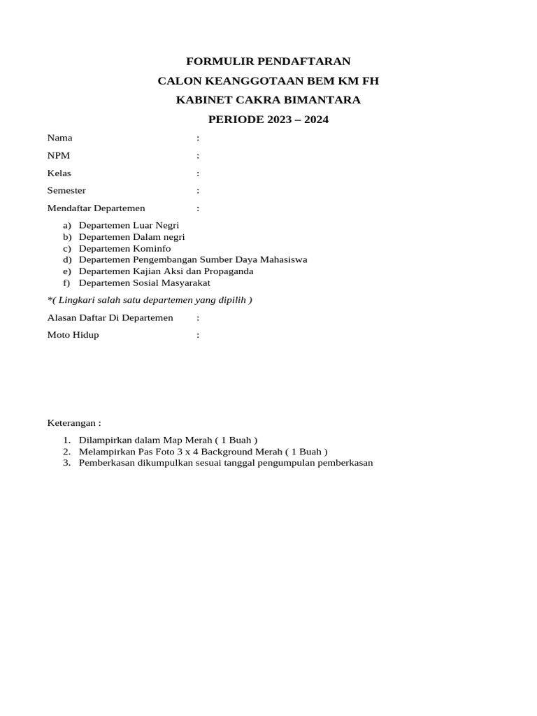 FORMULIR PENDAFTARAN KEANGGOTAAN BEM | PDF