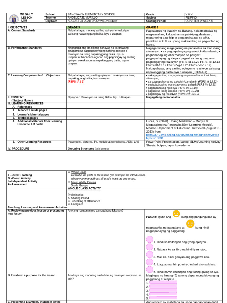 DLL Q1 W5 Day2 Filipino | PDF | Differentiated Instruction | Cognitive Science