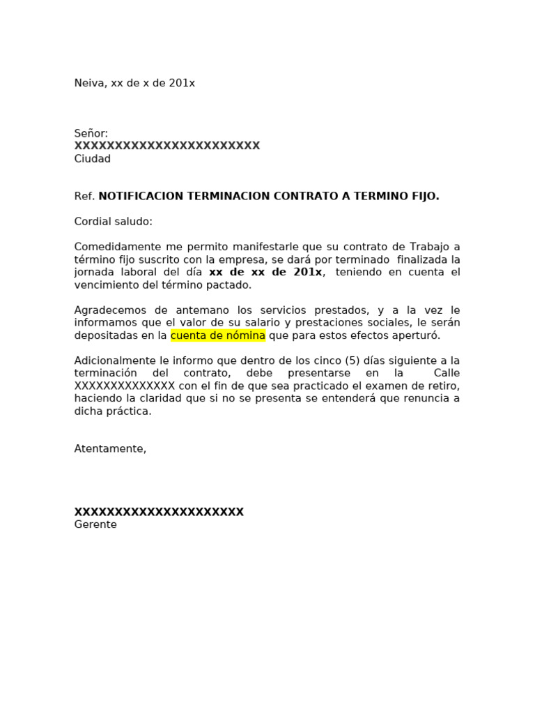 Modelo Notificacion Terminacion Contrato de Trabajo A Termino Fijo | PDF