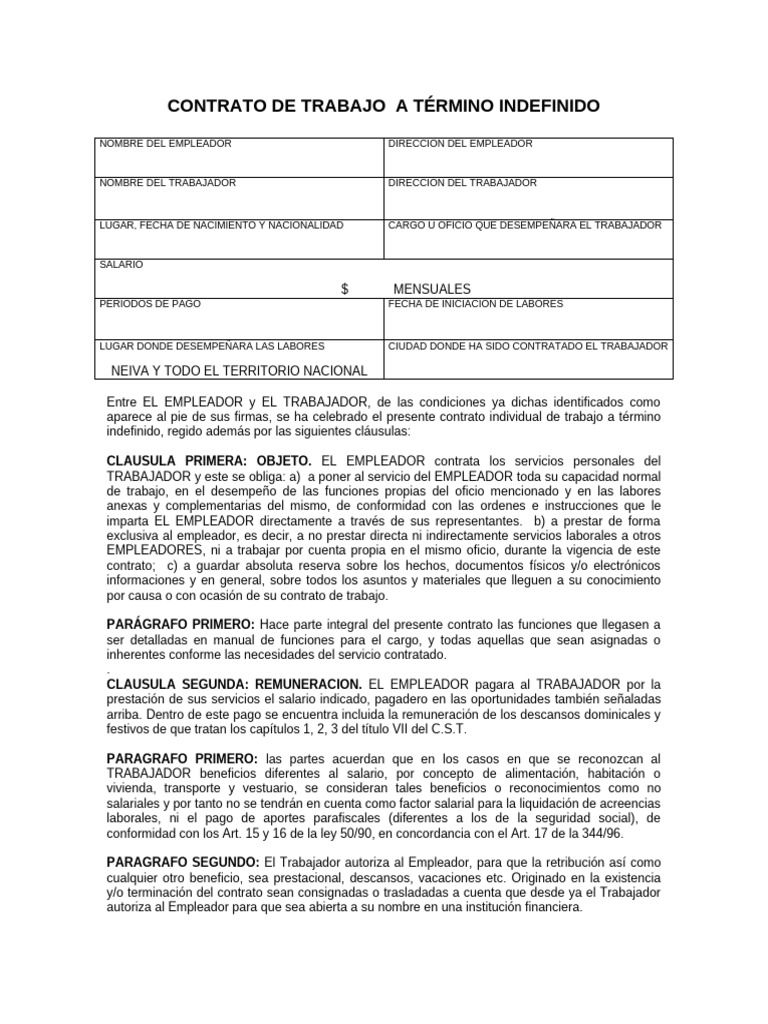 Modelo Contrato de Trabajo A Término Indefinido | PDF