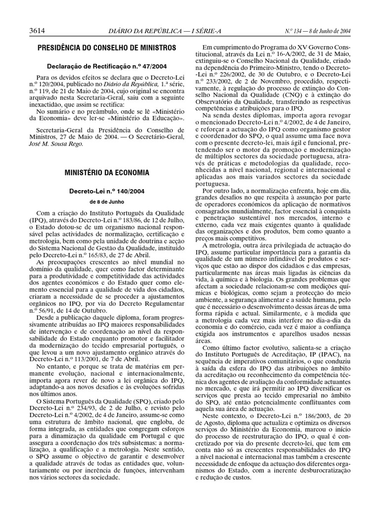 DL 140-2004 - Aprova A Reestruturação Do IPQ | PDF
