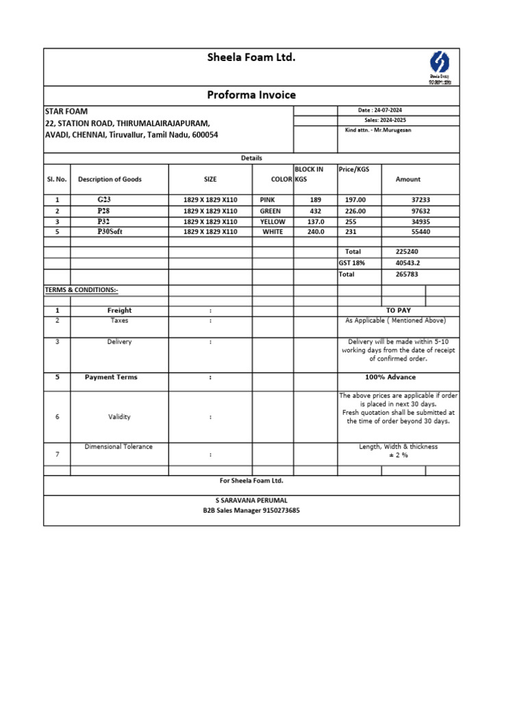 Profforma Invoice - Star Foam - 24!07!24 | PDF