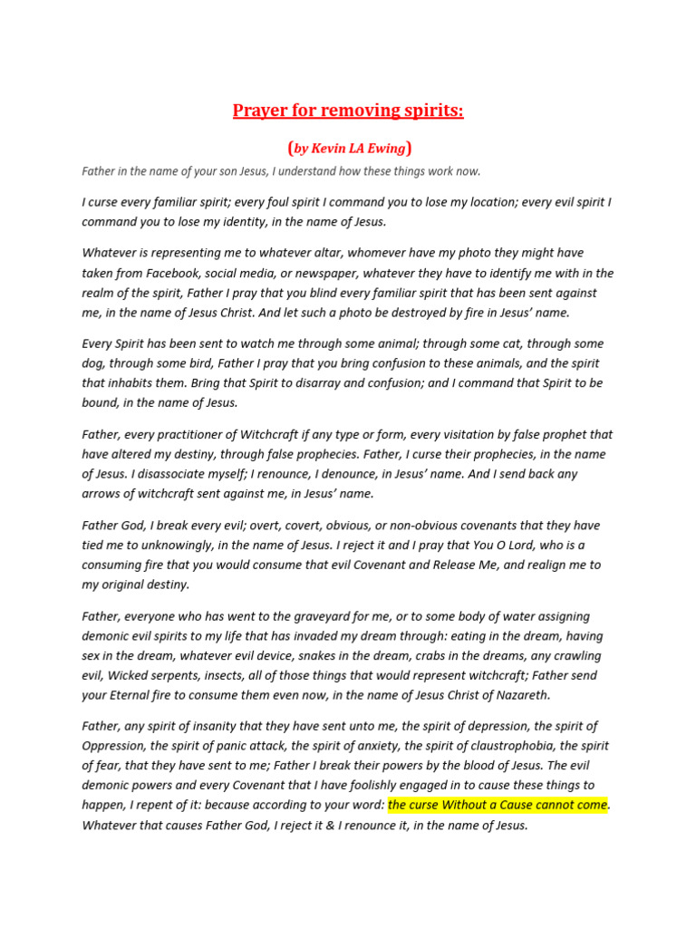 Prayer For Removing Spirits | PDF
