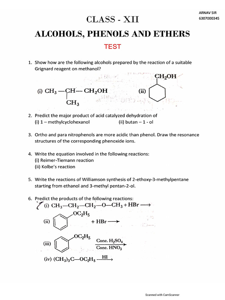 Alcohols, Phenols and Ethers (Class 12) Test | PDF