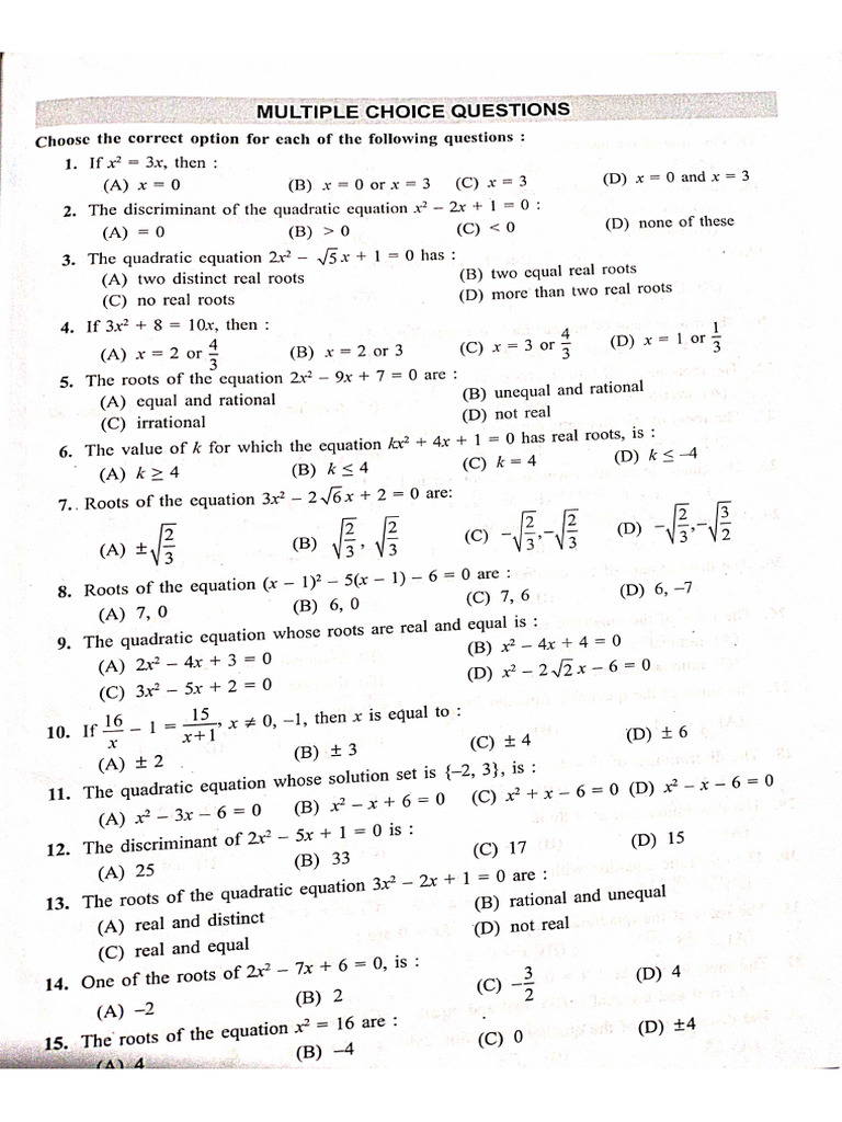 Quadratic Equations MCQ | PDF
