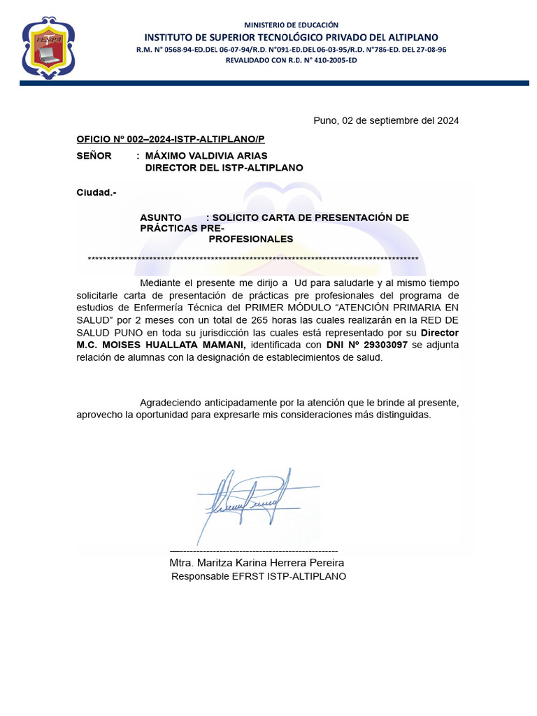 002 Oficio Ok Carta de Presentacion A Practicas | PDF