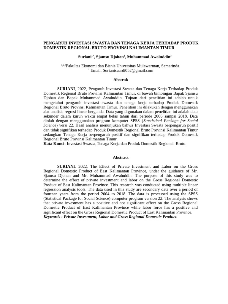 Pengaruh Investasi Swasta Dan Tenaga Kerja Terhadap Produk Domestik Regional Bruto Provinsi ...