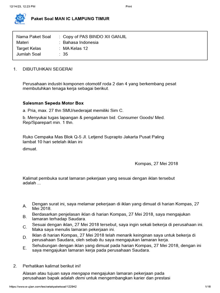 Soal 12 Ganjil | PDF