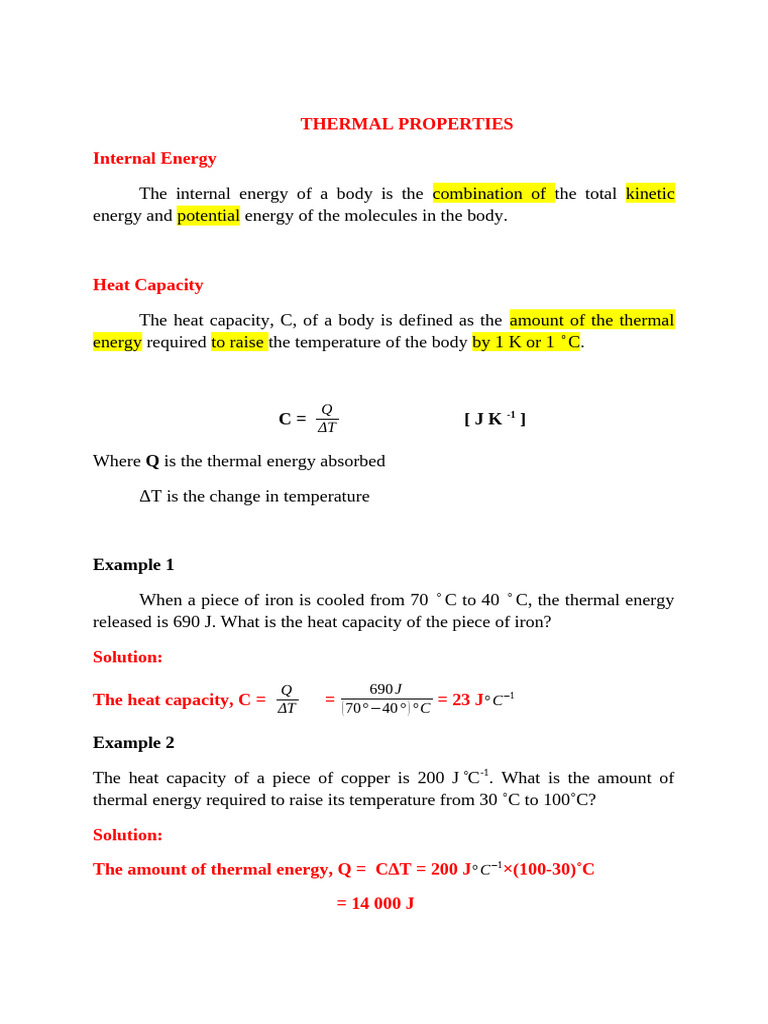 THERMAL PROPERTIES (Heat Capacity) Problems | PDF