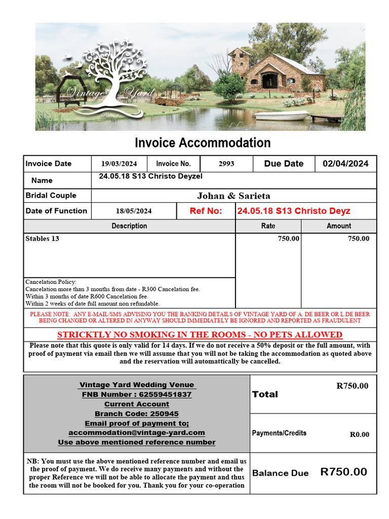 Invoice example for wedding venue | PDF