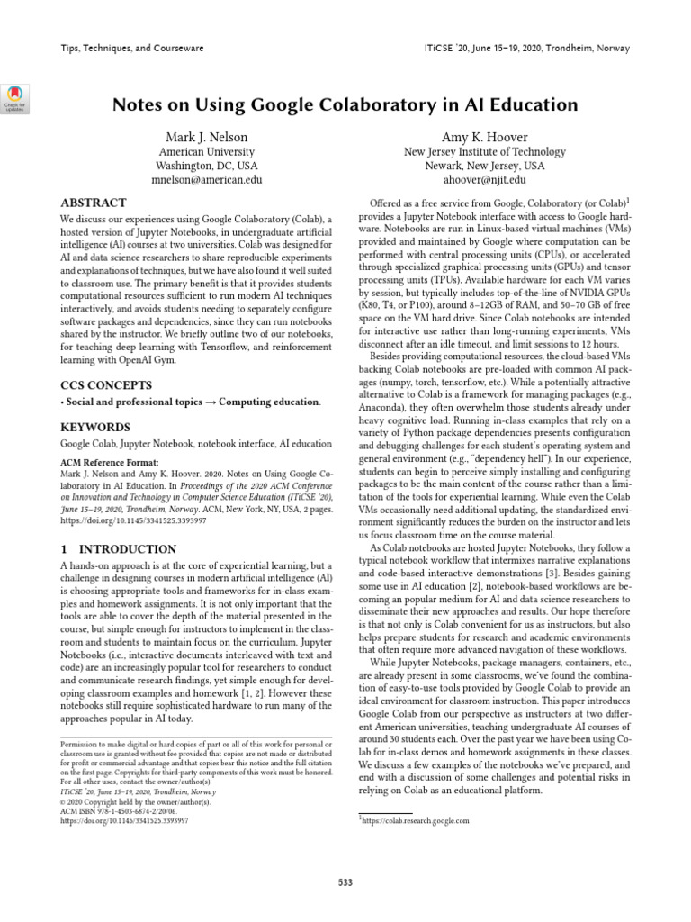 Notes On Using Google Colaboratory in AI Education: Mark J. Nelson Amy ...