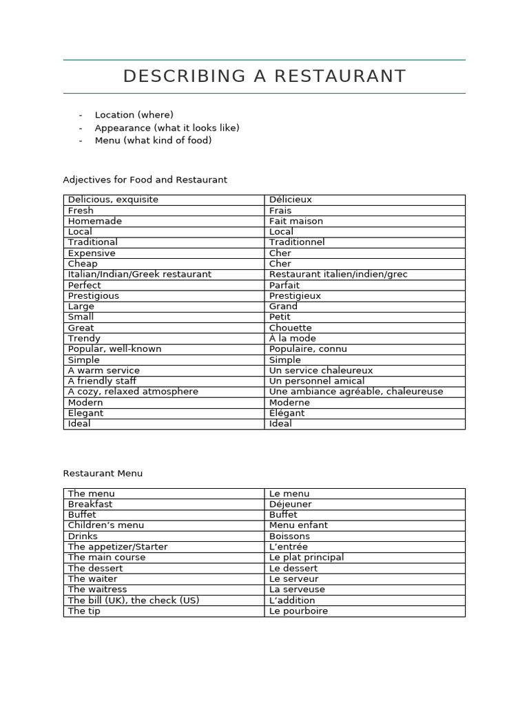 Describing a Restaurant | PDF