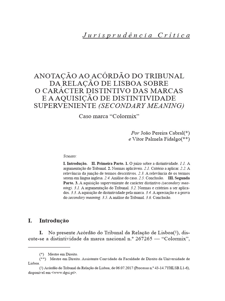 Anotação Ao Acórdão Do Tribunal Da Relação de Lisboa Sobre O Carácter ...