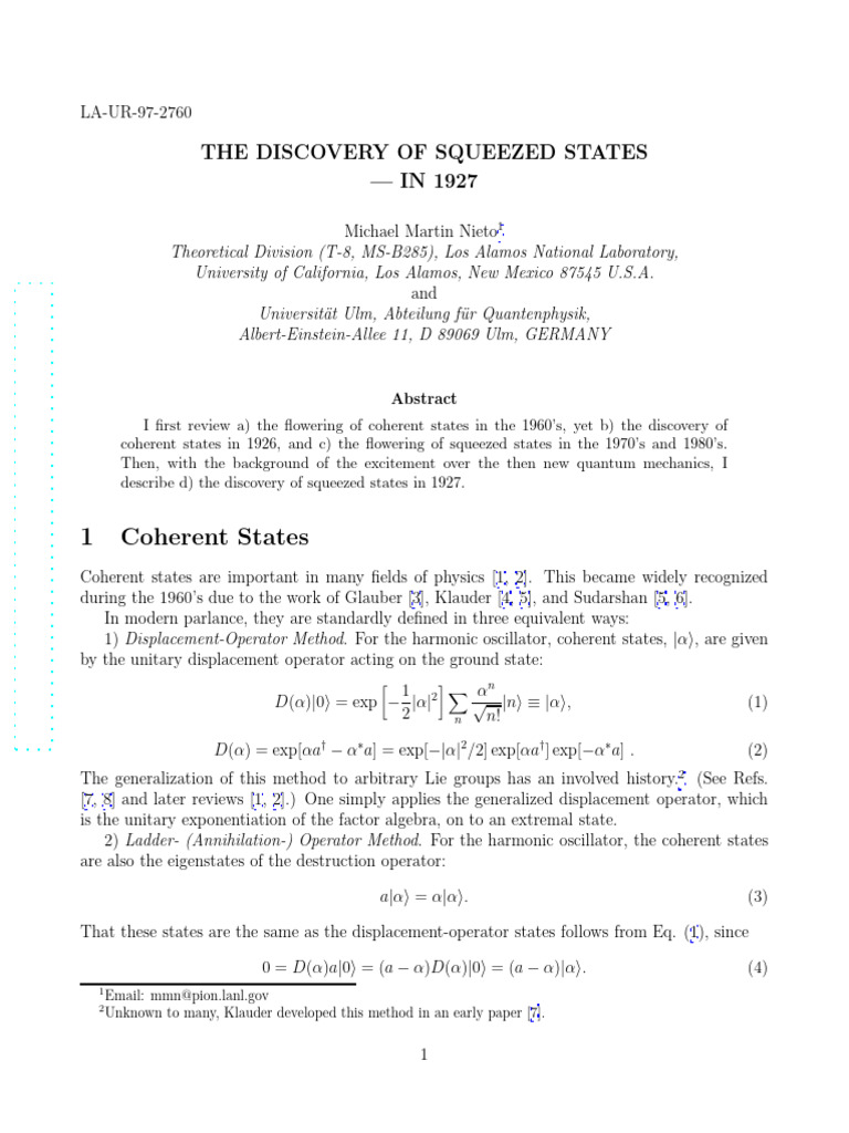 1 Coherent States: The Discovery of Squeezed States - IN 1927 | PDF