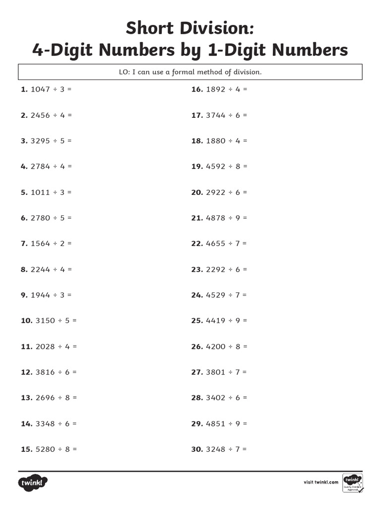 T2 M 1368 Short Division of 4 Digit Numbers Worksheet Ver 2 | PDF T2 M 1368 Short Division of 4 Digit Numbers Worksheet Ver 2 | PDF