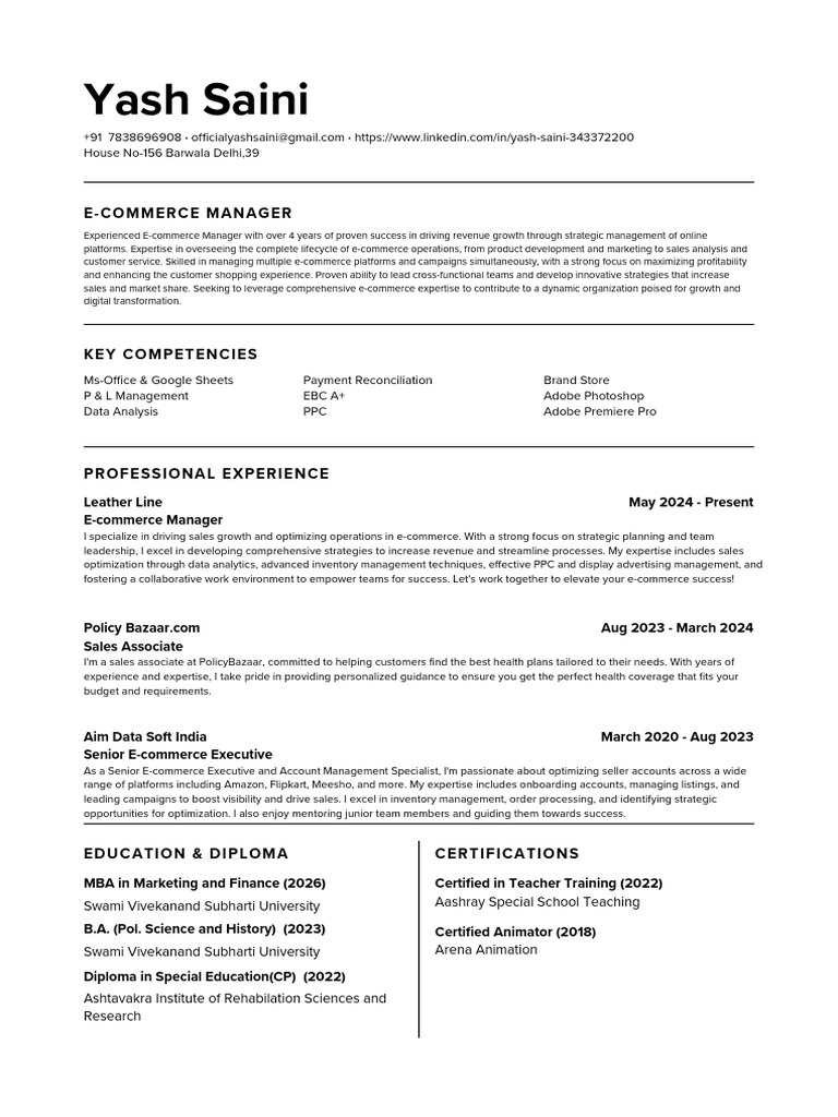 Yash Saini Ecommerce Manager CV | PDF