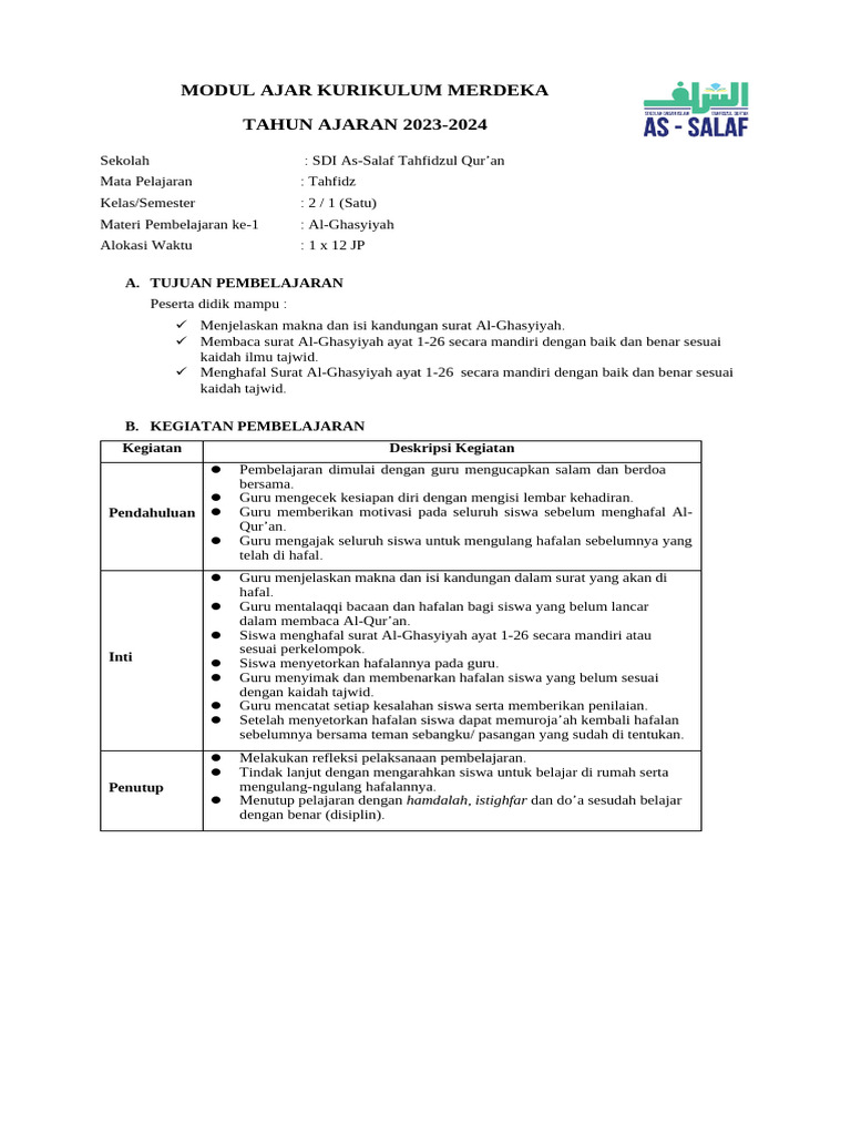 Modul Ajar Tahfidz Kelas 2 TP. 2023-2024 | PDF