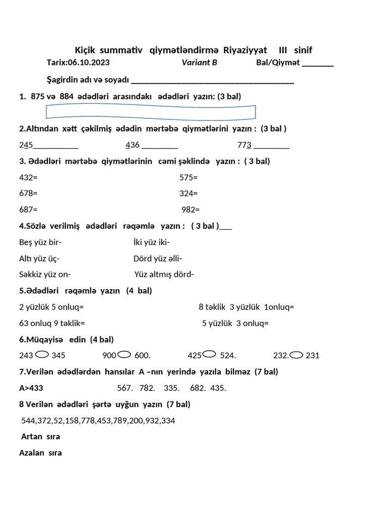 3 Cü S.riyaziyyat KSQ 1. B | PDF