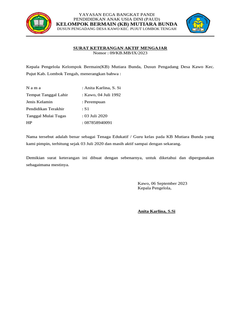 Surat-Keterangan-Aktif-Mengajar KB | PDF | Olahraga & Rekreasi