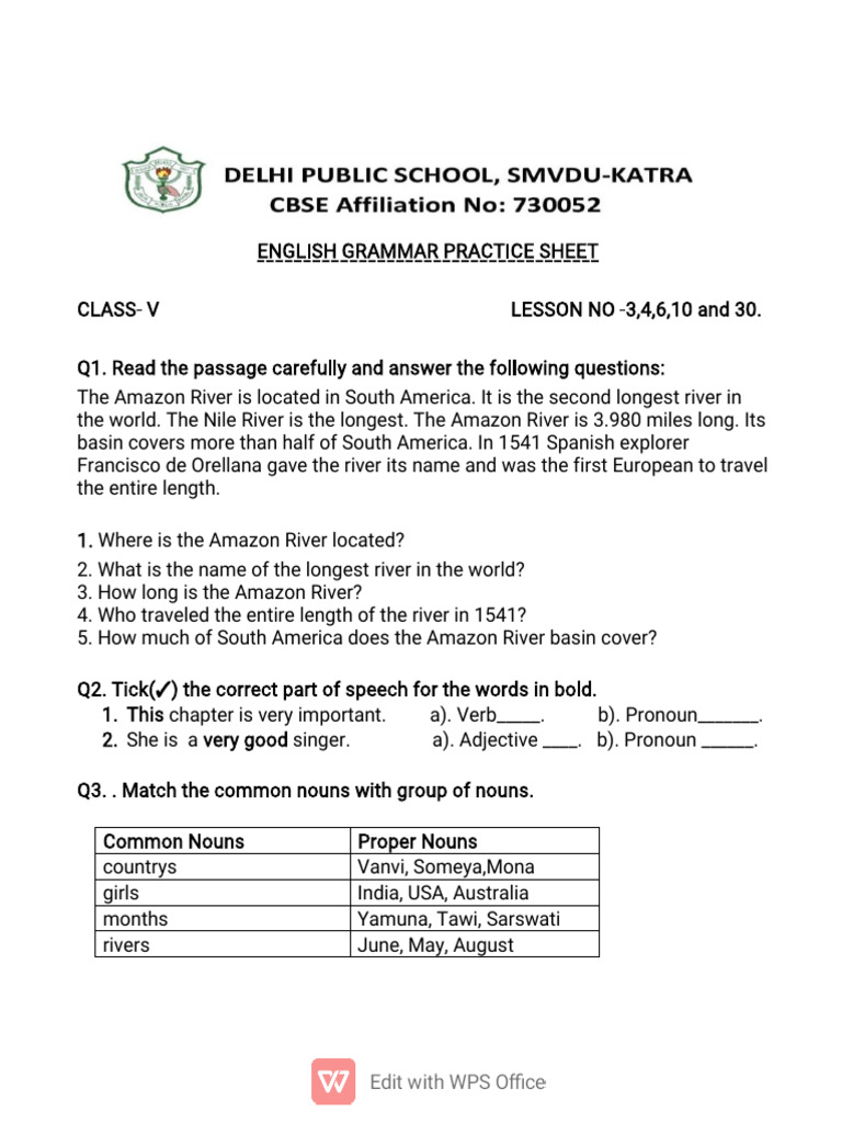 Class-V Sub-Eng Grammar Practice Sheet | PDF