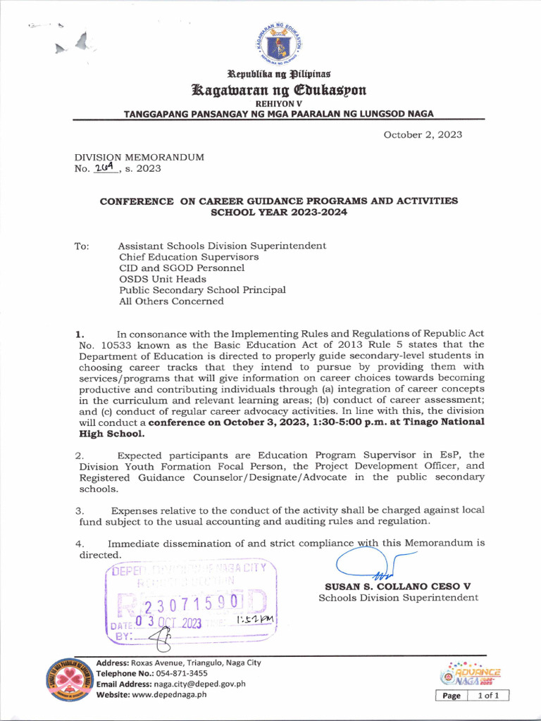 DM No. 264, s. 2023 Conference on Career Guidance Programs and ...