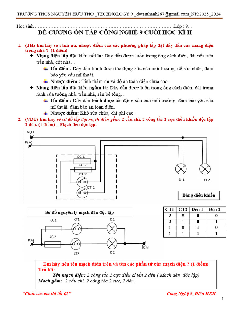 Công nghệ 9 - Đề cương CN9-Điện HKII 2023-2024 - HỌC KÌ 2 - KSThanh@ | PDF