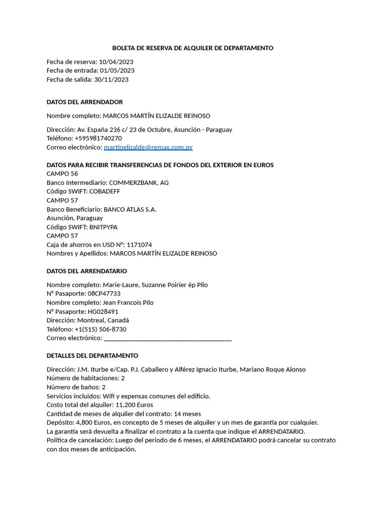 Boleta de Reserva de Alquiler de Departamento | PDF