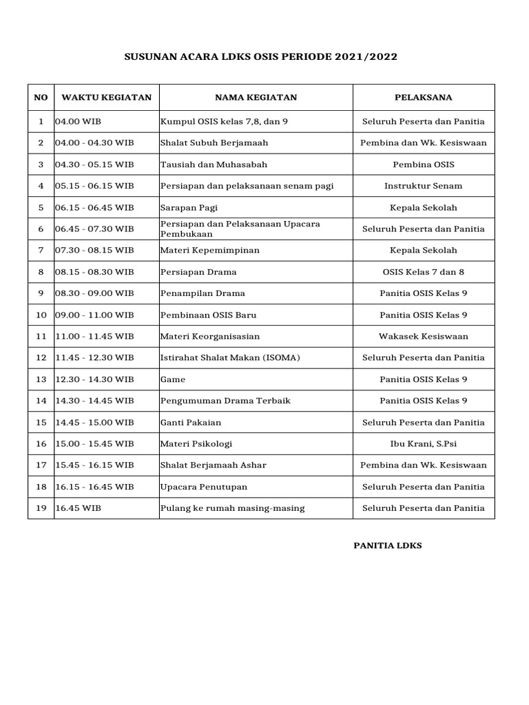 Susunan Acara Ldks Osis Periode 2021 | PDF