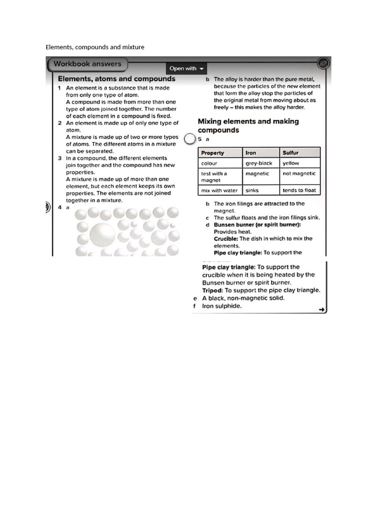Workbook Answers - Elements, Compounds and Mixtures | PDF