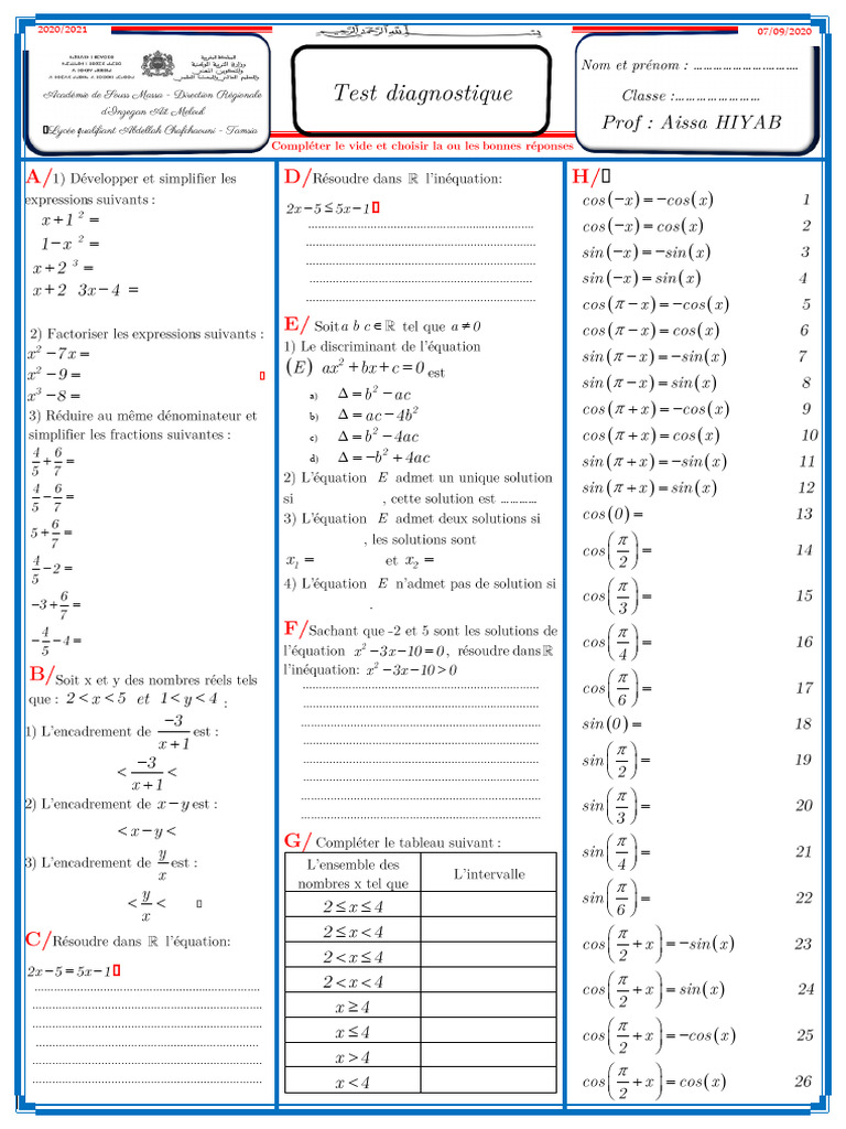 Evaluation-diagnostique-Maths-Premiere-Bac-sciences-PDF-5 | PDF