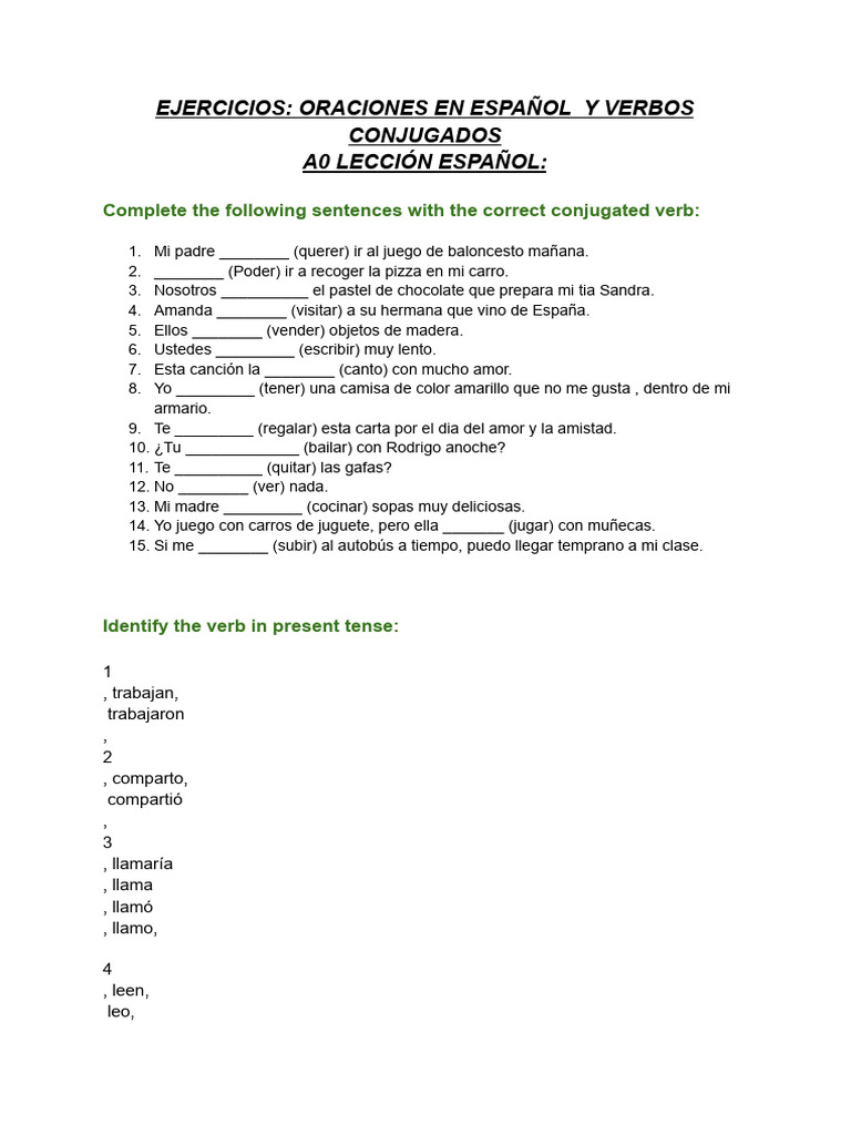 Ejercicios Oraciones en Español y Verbos Conjugados | PDF