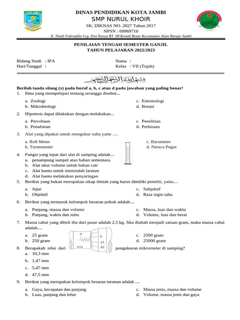 Soal PTS Ipa Kelas 7 Semester 1 | PDF