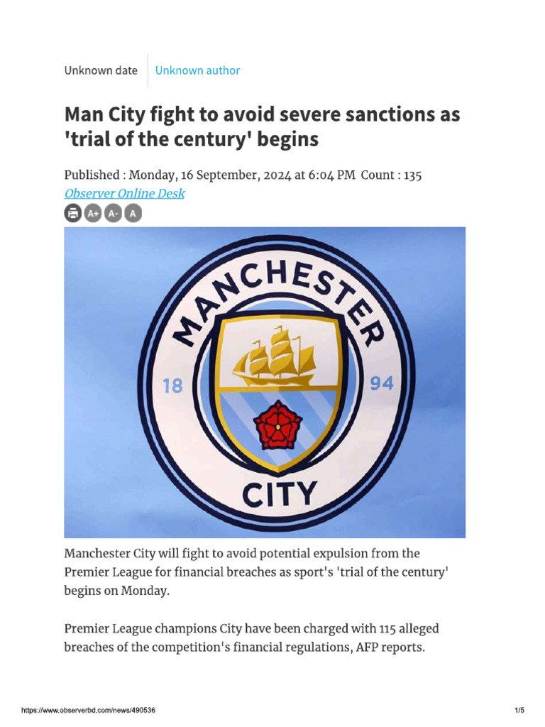 Man City Fight To Avoid Severe Sanctions As 'Trial of The Century ...