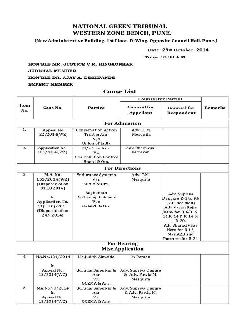 Cause List of 29th October 2014 | PDF