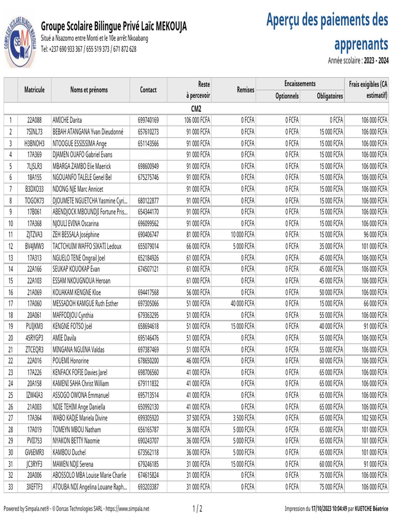 Aperçu Des Paiements Des Apprenants - Gsb-Mekouja - 20231017 100449 | PDF