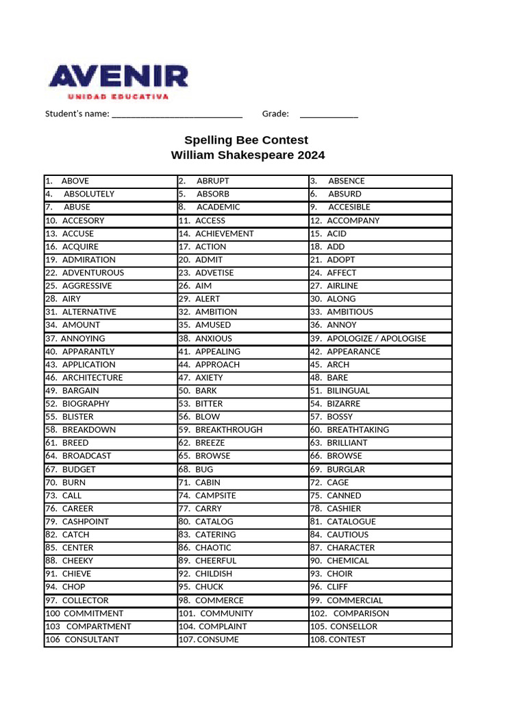 SUPERIOR Spelling Bee Official Contest List High School | PDF