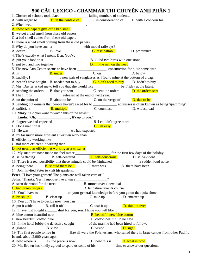 3 KEY 500 CÂU LEXICO - GRAMMAR THI CHUYÊN ANH PHẦN 1 | PDF