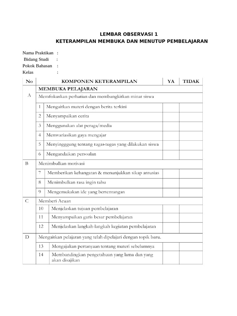 Lembar Obser Keterampilan Membuka Menutup | PDF