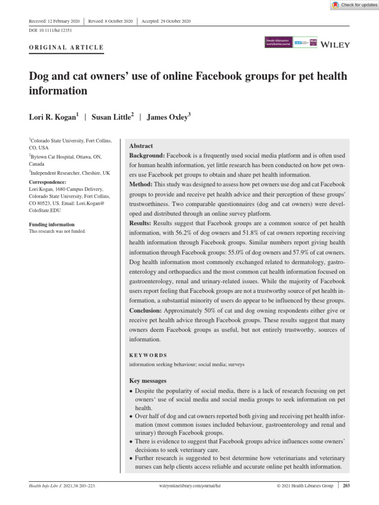 Health Info Libraries J - 2021 - Kogan - Dog and Cat Owners Use of ...