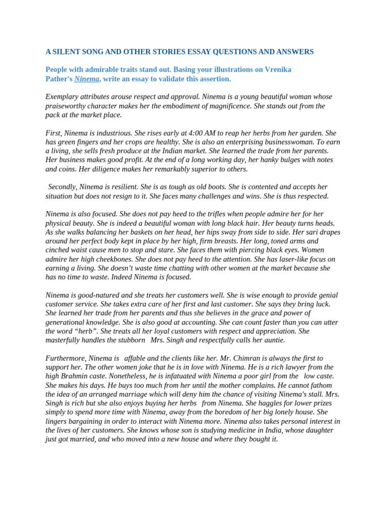 STORIES ESSAY QUESTIONS AND ANSWERS | PDF