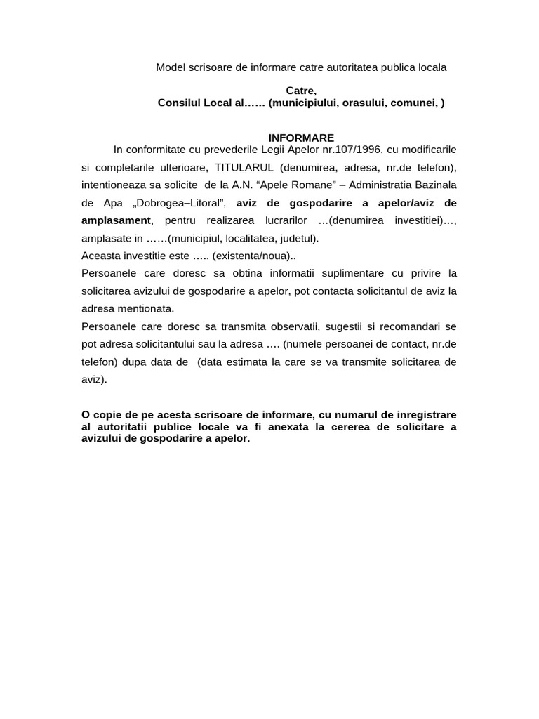 Model Scrisoare de Informare Catre Primarie Ordinul 1044 2005 Art. 8 | PDF
