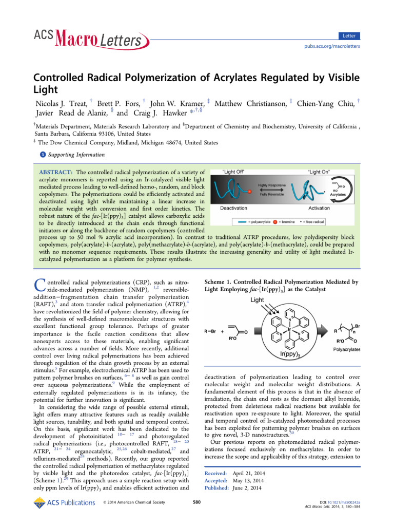 Controlled Radical Polymerization of Acrylates Regulated by Visible ...